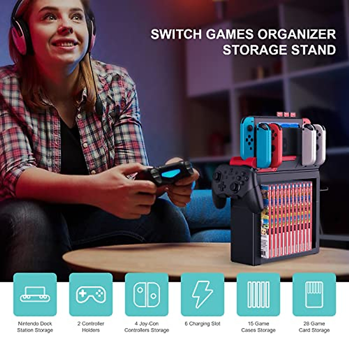 Switch Games Storage Organizer Station with Controller Charging Stand, Charging Dock Compatible with Nintendo Switch, Multifunctional Accessories Kit Storage for Joy-con, Pro Controller, Game Card