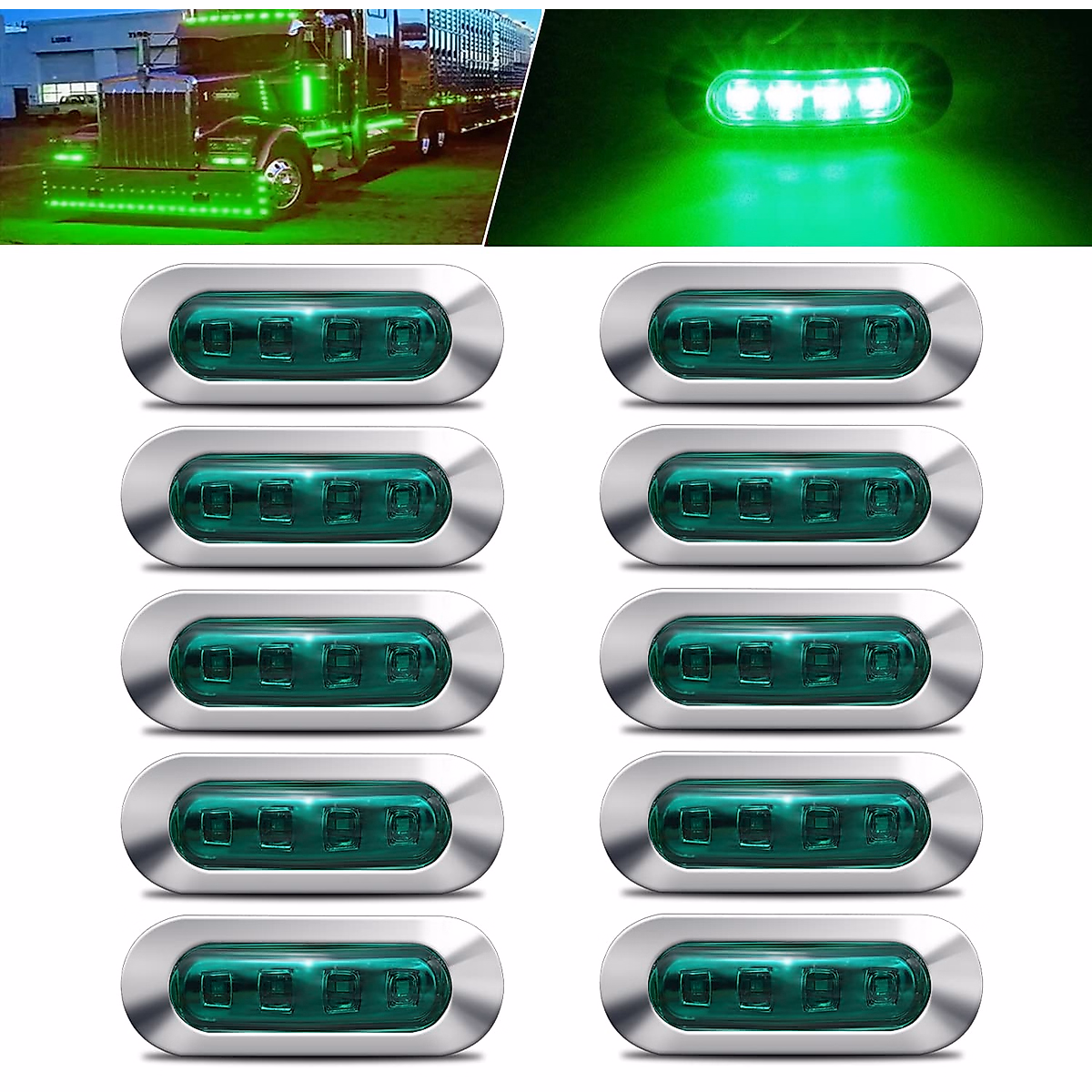 ALFU 10PCS Green DC12V-24V 4 LED Side Marker Indicator Lights Lamp Front Rear Tail Clearance Lamp Interior Lights with Chrome Bezel Universial for Auto Car Bus Truck Lorry Trailer Boat Deck Courtesy