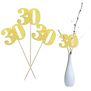 12 PCS Glitter 30th Birthday Centerpiece Sticks Number 30 Cake Toppers Thirty Table Flower Topper Decorations for 30th Birthday Anniversary Party Centerpiece Supplies Gold