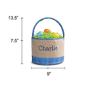 Personalized Easter Bucket Bag with Custom Name | Blue Plaid Burlap Easter Bag with Handle | Egg Basket for Kids | Customized Easter Basket | Great for Book and Toy Storage