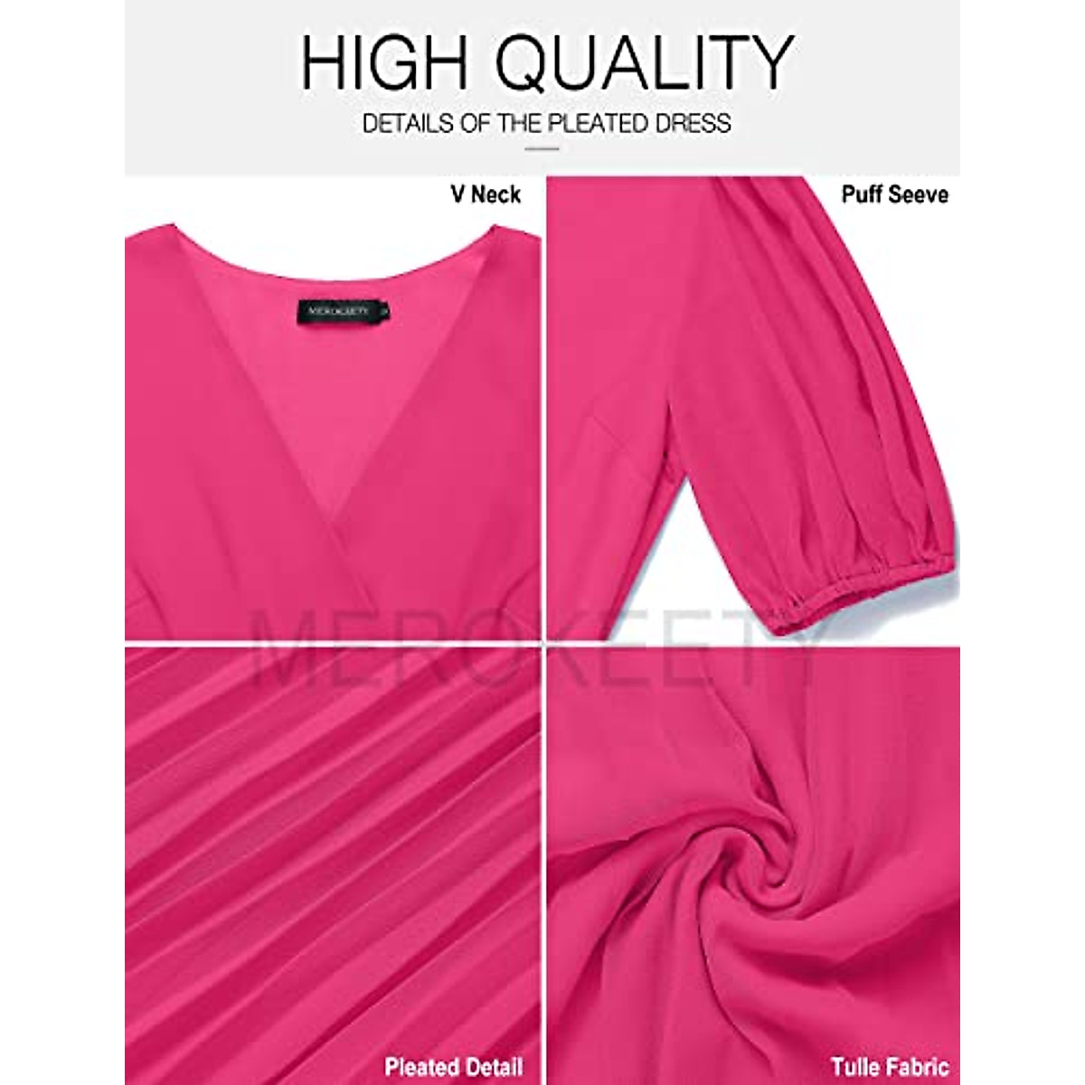 MEROKEETY Summer Dress for Women 2023 Wrap V Neck Bubble Sleeve Pleated Party Midi Dresses,HotPink,S