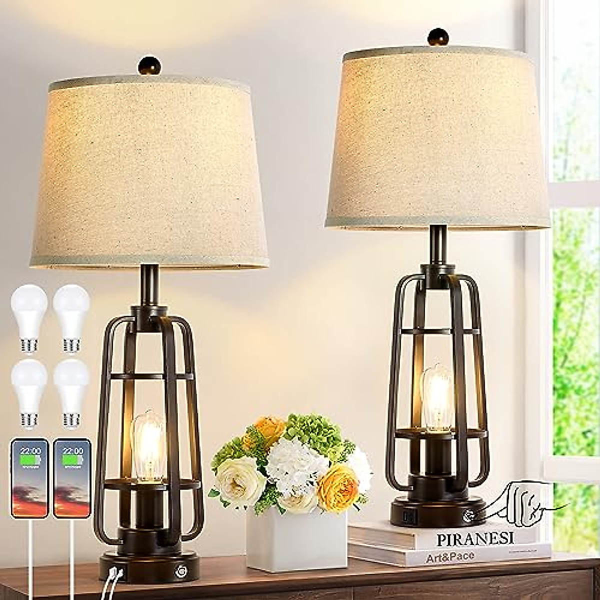 28.7" Farmhouse Table Lamps for Living Room Set of 2, Touch Lamps for Nightstand with Oil Rubbed Bronze Finish, Industrial Table Lamp for Bedroom
