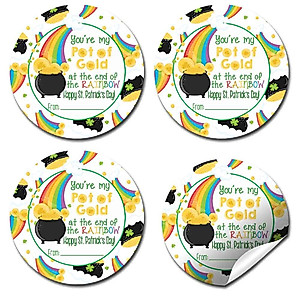 Pot of Gold Rainbow St. Patrick’s Day Gift Tag Sticker Labels, 40 2" Party Circle Stickers by AmandaCreation, Great for Party Favors, Envelope Seals & Goodie Bags