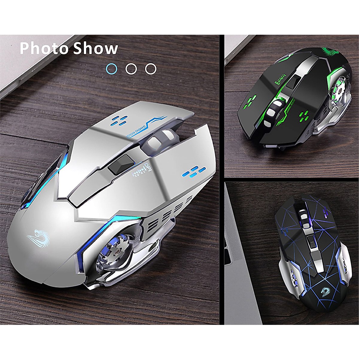 Uciefy Q85 Rechargeable Wireless Gaming Mouse, 2.4G LED Optical Silent Wireless Computer Mouse with 4 LED Light, 3 Adjustable DPI, Ergonomic Design, Auto Sleeping (Silver)