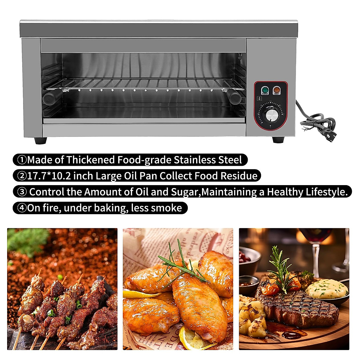 1500W Electric Cheese Melter Grill, 110V Commercial Salamander Broiler Stainless Steel Cheese Melter Machine Countertop Salamander Broiler For Melt Cheese, Toast Sandwiches, Grill Steaks
