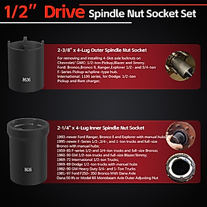 Spindle Nut Socket Tool Kit 5 Pcs Axle Hub Lock Nut Socket Set 1/2” Drive Wheel Drive Spindle Nut Remover Installer for Ford Dana 50/60, Chevy, and Dodge, Replace# 648636 Lug Out Spindle Socket Set