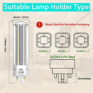 Aluxcia GX24QG24Q LED 4-Pin Base Light Bulb 22W (42W CFLCompact Fluorescent Lamp Equivalent) GX24 LED PL-C Recessed Lamp, RemoveBypass The Ballast, 6000K, 2-Pack, 22 Watts, 2 Pack, Daylight