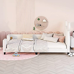 Mancofy Twin Size Cute Upholstered Daybed with Carton Ears Shaped Headboard, Wooden Twin Platform Bed Frame for Girls Boys, PU Leather Sofa Bed, Low Profile Single Bed (Round Ears White)
