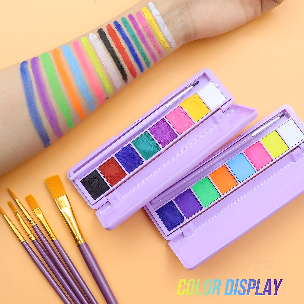 POPMISOLER 2 Packs Water Activated Eyeliner Palette High Pigmented Face Paint Palette Neon Eyeliner Colorful Rainbow Water Eyeliner Matte UV Glow Graphic Liner with Complete Face Paint Brushes