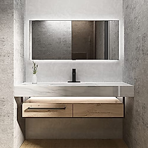 EZANDA Brass Waterfall Bathroom Faucet with Extra Large Rectangular Spout, Deck Plate, Pop-up Drain Assembly & Water Supply Hoses Included, Matte Black, 14254