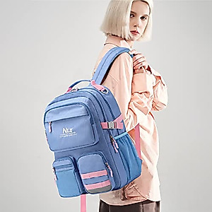 El-fmly Big School Backpack Bookbag for Teen Students, Multi Pockets Water Resistant Casual Daypack with 15.6 inch Laptop pocket for Travel (Grey Blue)