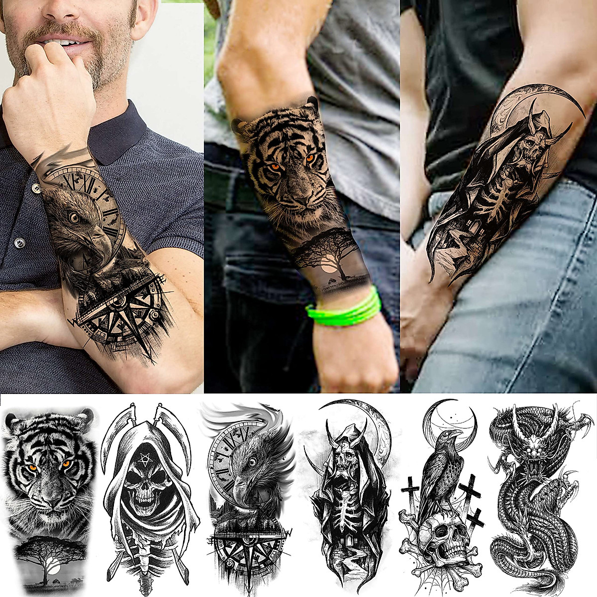 Rejaski 66 Sheets Black Eagle Dragon Temporary Tattoos For Men Women Thigh, Scary Halloween Tiger Lion Devil Skull Fake Tattoos For Adults, 3D Wolf Large Half Arm Sleeve Realistic Tatoo Forearm Teens