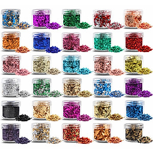 Gold Flakes for Resin, 30 Colors Metallic Foil Flakes, Colored Gilding Flakes Craft Foil with Tweezers for Resin, Nail Art, Jewelry Making, Candle Molds & Painting