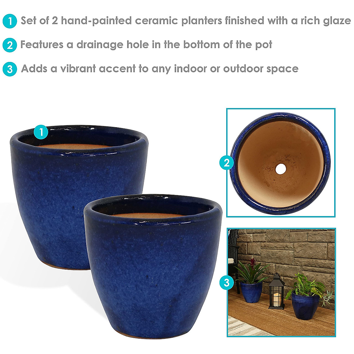 Sunnydaze Round Ceramic Planter - Set of 2 Indoor or Outdoor Plant Pots with Drainage Hole - 8" - Imperial Blue Glaze - Resort