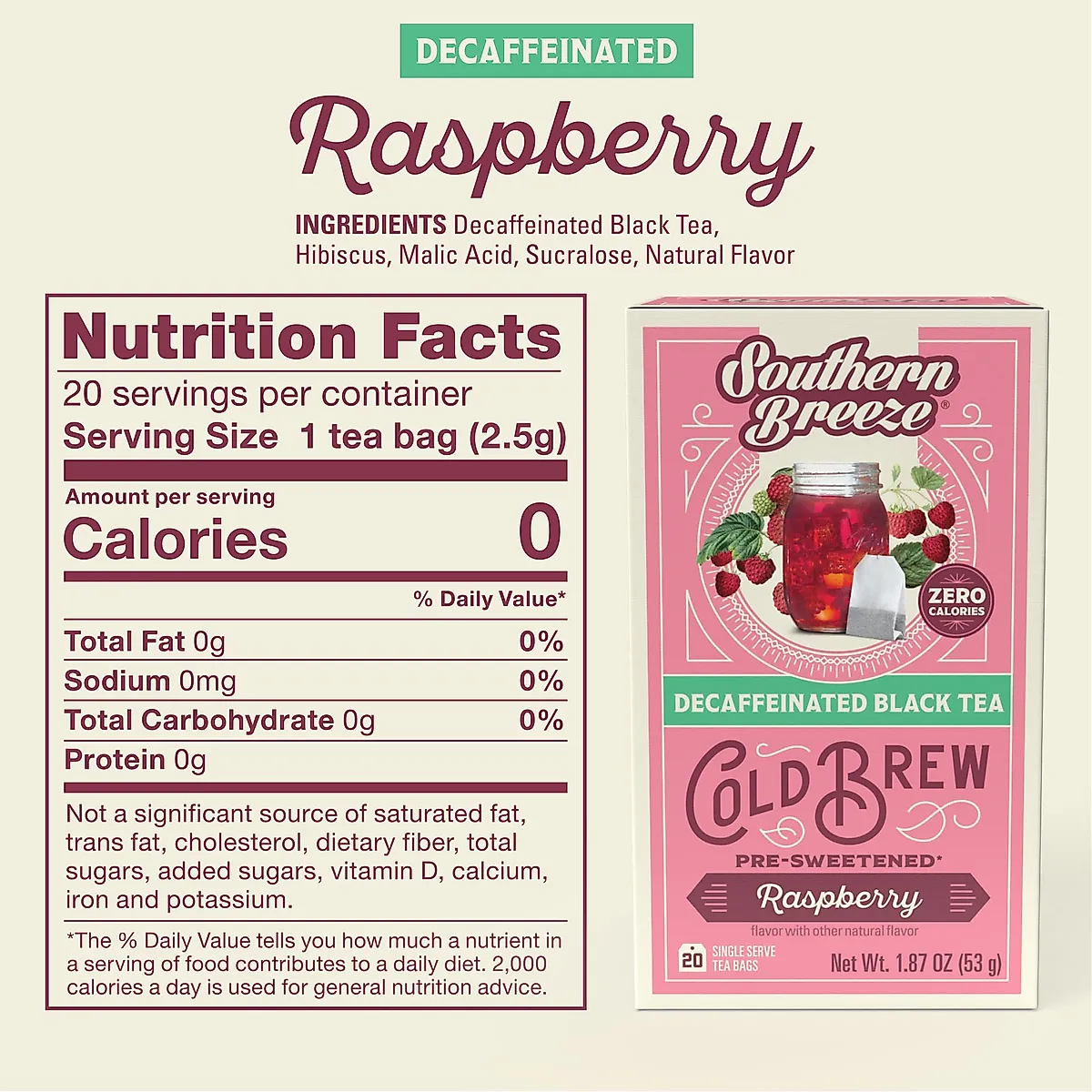 Southern Breeze Decaf Cold Brew Sweet Tea Raspberry Iced Tea with Black Tea and Zero Carbs Zero Sugar, 20 Individually Wrapped Tea Bags, Pack of 4