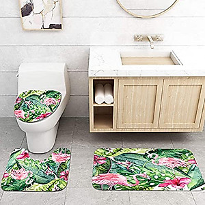 Britimes 4 Piece Shower Curtain Sets, with 12 Hooks, Tropical Leaf Flamingo with Non-Slip Rugs, Toilet Lid Cover and Bath Mat, Durable and Waterproof, for Bathroom Decor Set, 72" x 72"