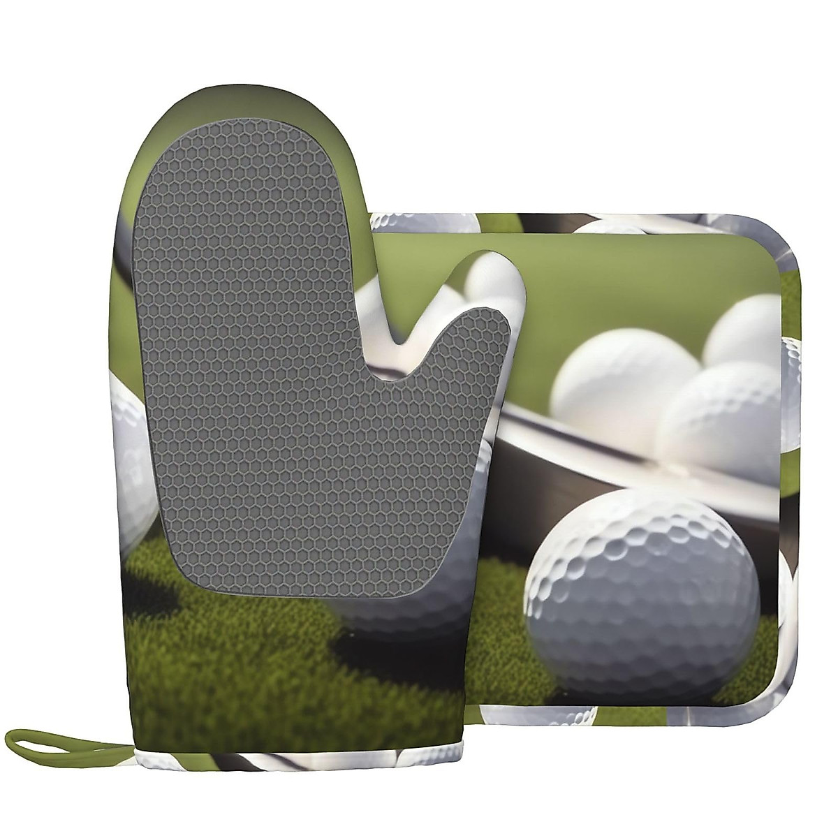 Golf Printed Oven Mitts and Pot Holders Sets Heat Resistant Kitchen Oven Gloves Potholders Set Extra Long Non-Slip Silicone Gloves for Cooking Baking BBQ