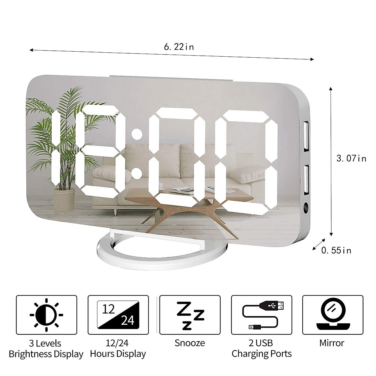 Miowachi Digital Alarm Clock,Large Mirrored LED Clock,Snooze,Dim Night Light 2 USB Charger Ports Desk Alarm Clocks for Bedroom Decor (White)