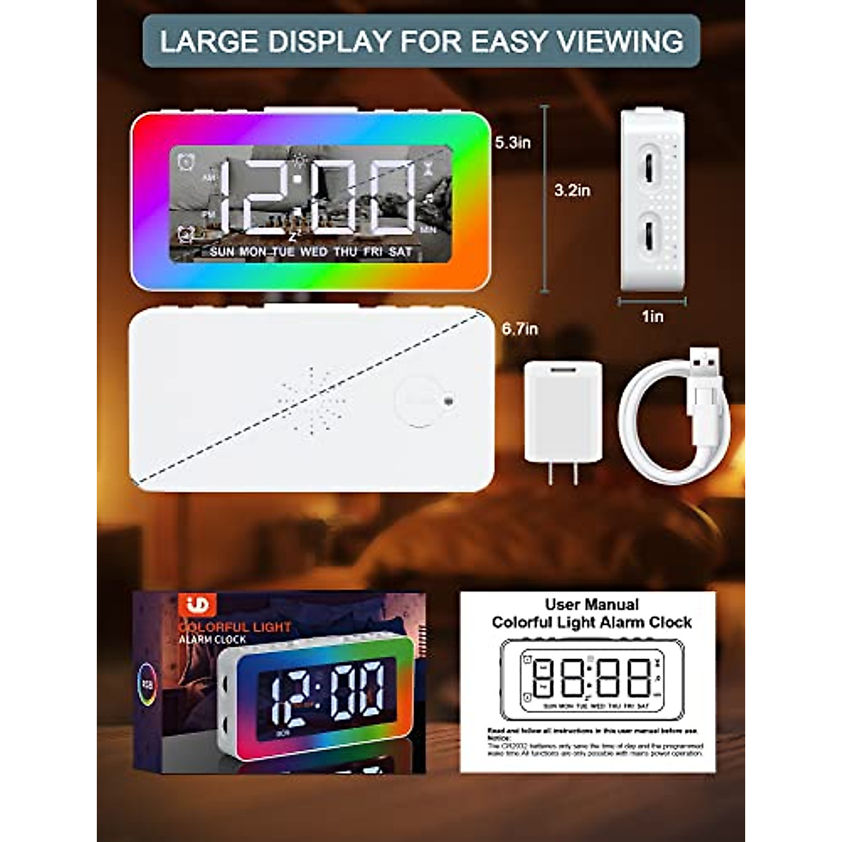 Umedo Alarm Clock for Bedrooms Dual Alarm Clocks 8 RGB Night Lights, 3 Mode Mirror Clock, USB Port, 8 White Noise, 7 Wake-Up Sounds, 16 Level Volume, 0%-100% Dimmable, Bedside Clock for Kids & Adult