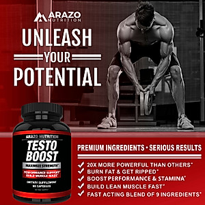 Arazo Nutrition TestoBoost Test Booster Supplement - Potent & Natural Herbal Pills - Boost Muscle Growth - Tribulus, Epimedium, Hawthorn, Zinc, Minerals