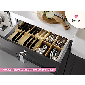 Isabel Lily - Bamboo Kitchen Knife Holder for Drawer | Organize 8 Short and 8 Long Knives and 1 Sharpener | Anti-Slip Surface | Includes Microfiber Cloth