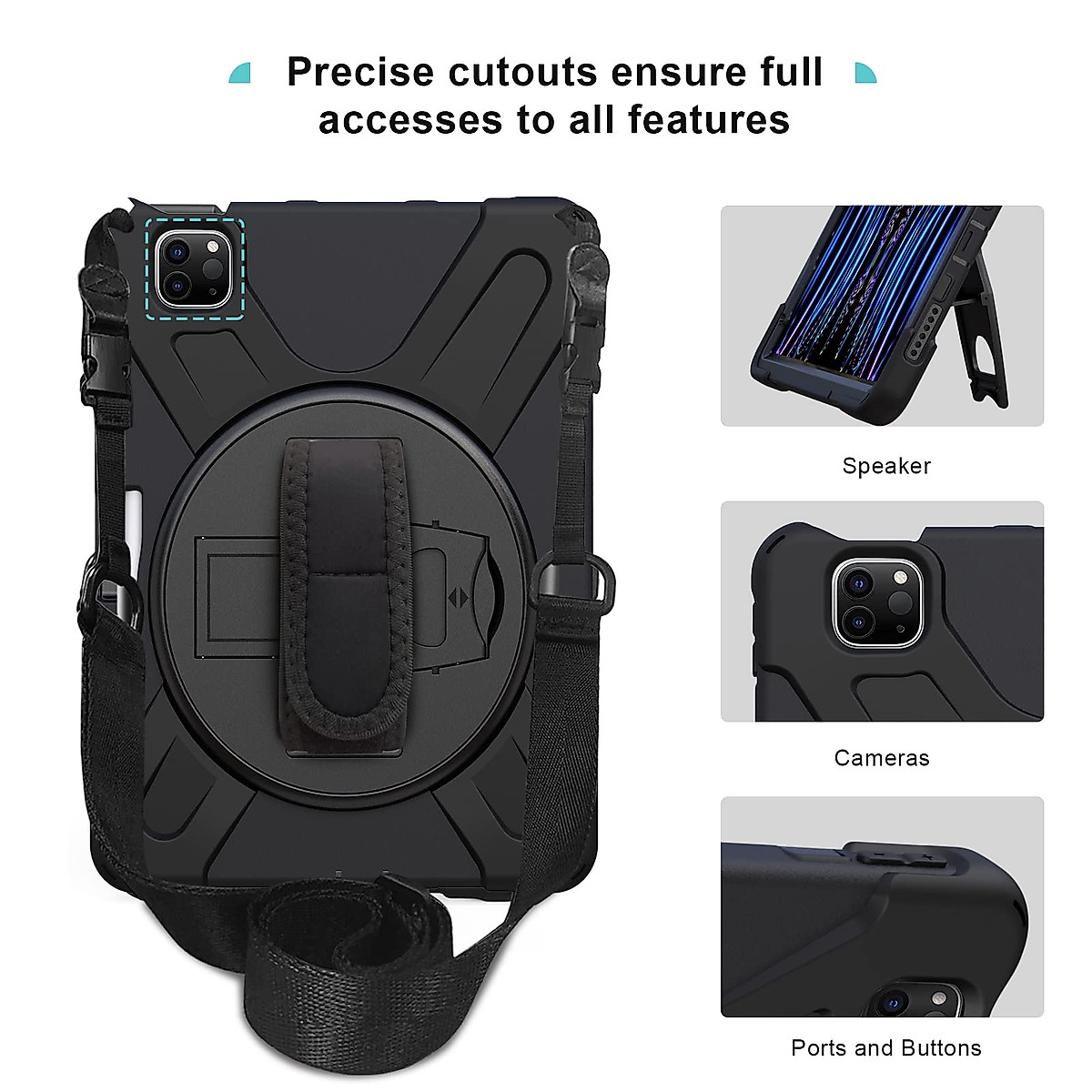 ProCase for iPad Pro 11 Inch Case 2022 2021 2020 2018, Rugged Heavy Duty Shockproof Cover with Hand Strap Shoulder Strap for iPad Pro 11" 4th 3rd 2nd 1st Generation -Black