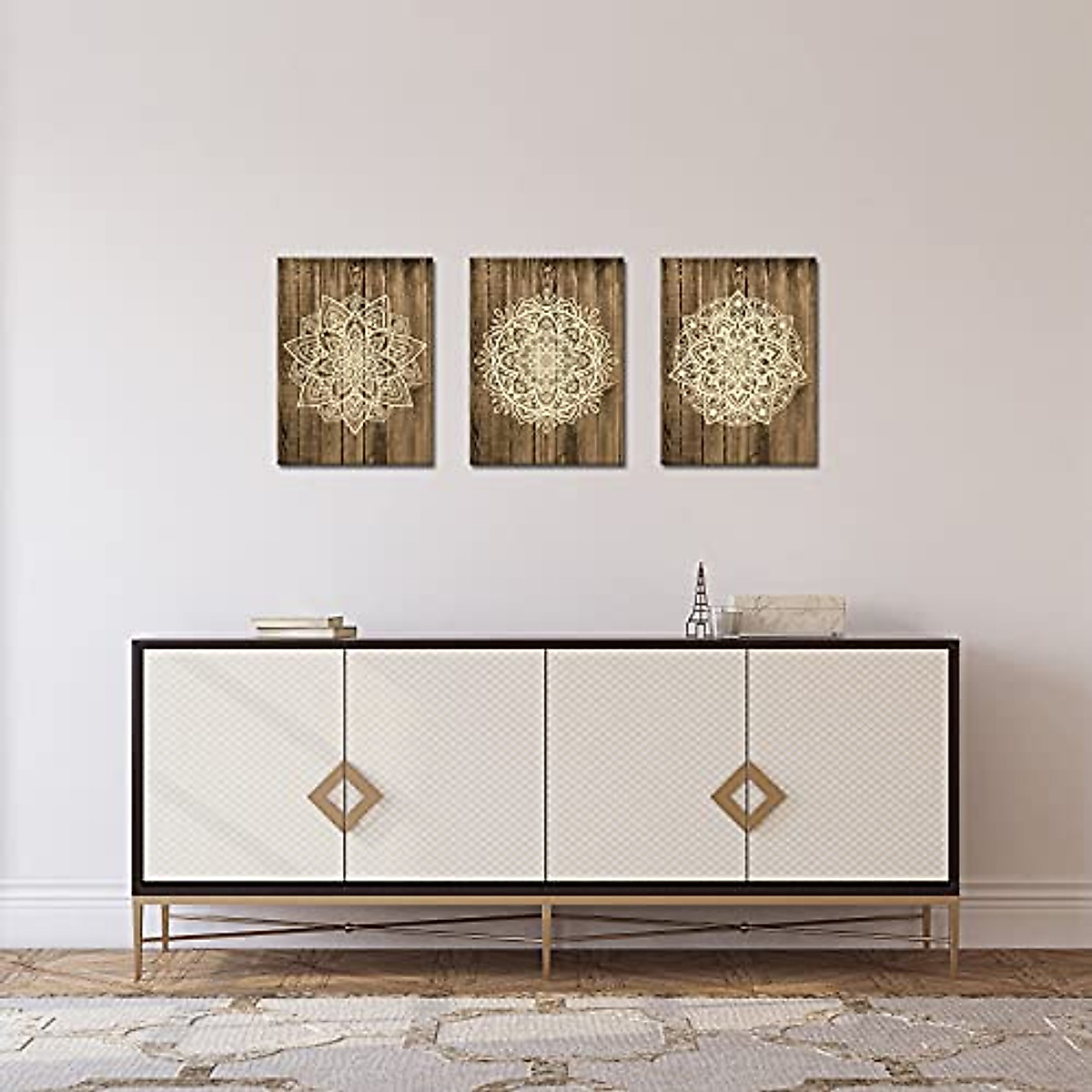 SiMiWOW Canvas Prints Mandala Wall Art Rustic Home Decor Picture Meditation Decor Yoga Room Bedroom Bathroom Wall Decor Framed Ready to Hang 12x16inchx3 Panels