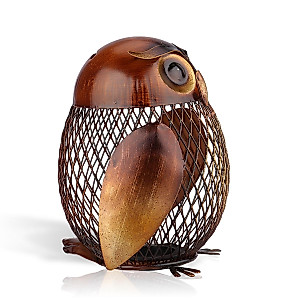 Tooarts Owl Shaped Metal Coin Bank Box Handwork Crafting Art