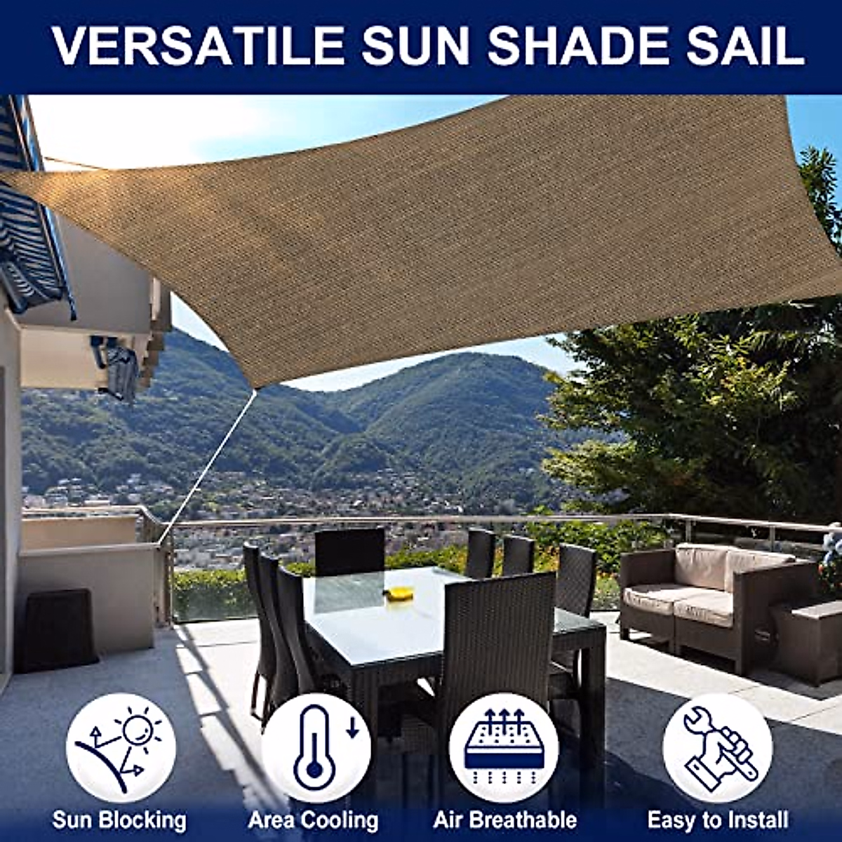 PureFit Rectangle Sun Shade Sails Outdoor 8 x 12 ft - Sun Protection Sunshades UV Block Shade Canopy, Patio Shades for Backyard, Deck and Lawn, Brown