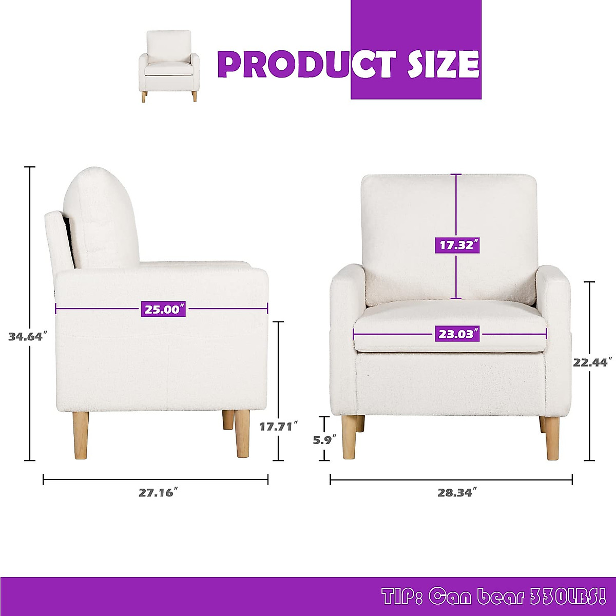 TYBOATLE Accent Chair, Mid-Century Modern Fabric Living Room Arm Chair, Furry Cozy Upholstered Armchair w/Side Pocket, Reading Lounging Side Chairs for Office, Apartment, Bedroom (Cream White)