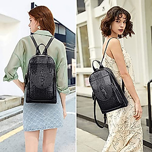 PIJUSHI Womens Genuine Leather Backpack Purse for Women Crocodile Leather Backpack (66512 Black Croco)