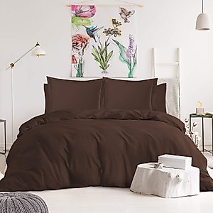 Nestl Duvet Cover 6-Piece Set - Tri-Blend Cotton Deep Pocket Fitted Sheet, Zipper Duvet Cover, 2 Cool Pillow Cases, 2 Pillow Shams - Queen, Chocolate Brown