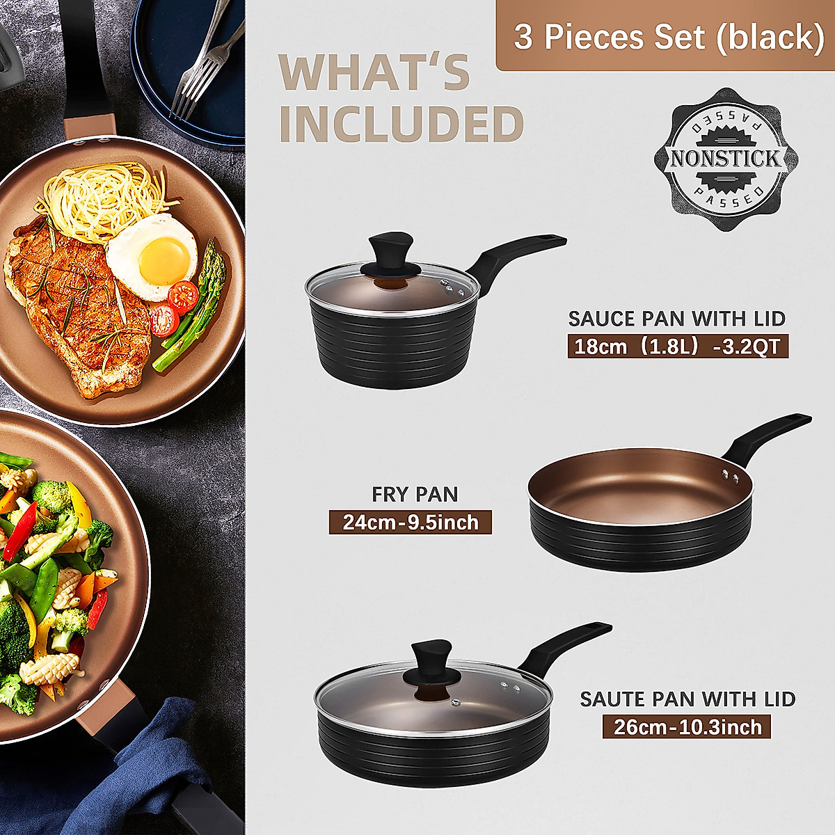 Pots and Pans Sets, Nonstick Cookware Set, Induction Pan Set, Chemical-Free Kitchen Sets, Saucepan, Frying Pan, Black,5 Pieces