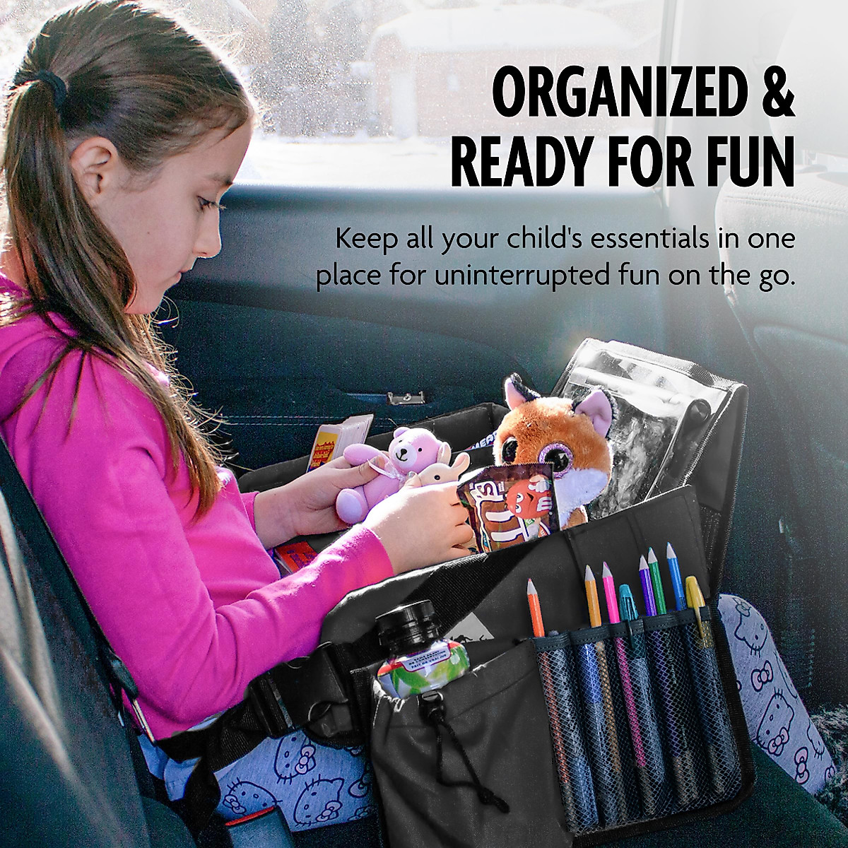DMoose Kids Travel Tray, Toddler Car Seat Lap Activity Tray with Padded Comfort Base, Side Walls, Mesh Snack Pockets, Tablet Holder, Waterproof Car Seat, Stroller, Airplane Play and Learn Area (Black)