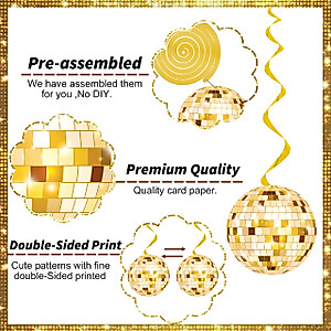20Pcs Gold Disco Ball Hanging Swirls 70s Disco Birthday Party Decoration Gold Disco Ball Themed Swirl Ceiling Hanging Streamers for 70s 80s Party Decoration Disco Fever Party Supplies(Paper)