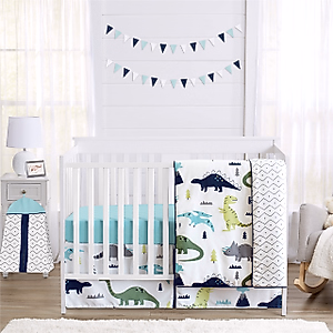 Sweet Jojo Designs Navy Blue and Green Modern Dinosaur Baby Boys or Girls 4 Piece Crib Bedding Set for Mod Dino Collection