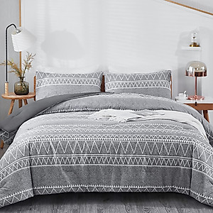 Atarashi Grey Comforter Set Queen, Soft Microfiber Reversible Gray Boho Down Alternative Comforter Set for Queen Bed- 3 Pieces (1 Solid Comforter + 2 Pillowcases), Bedding Duvet Set 90"x 90"