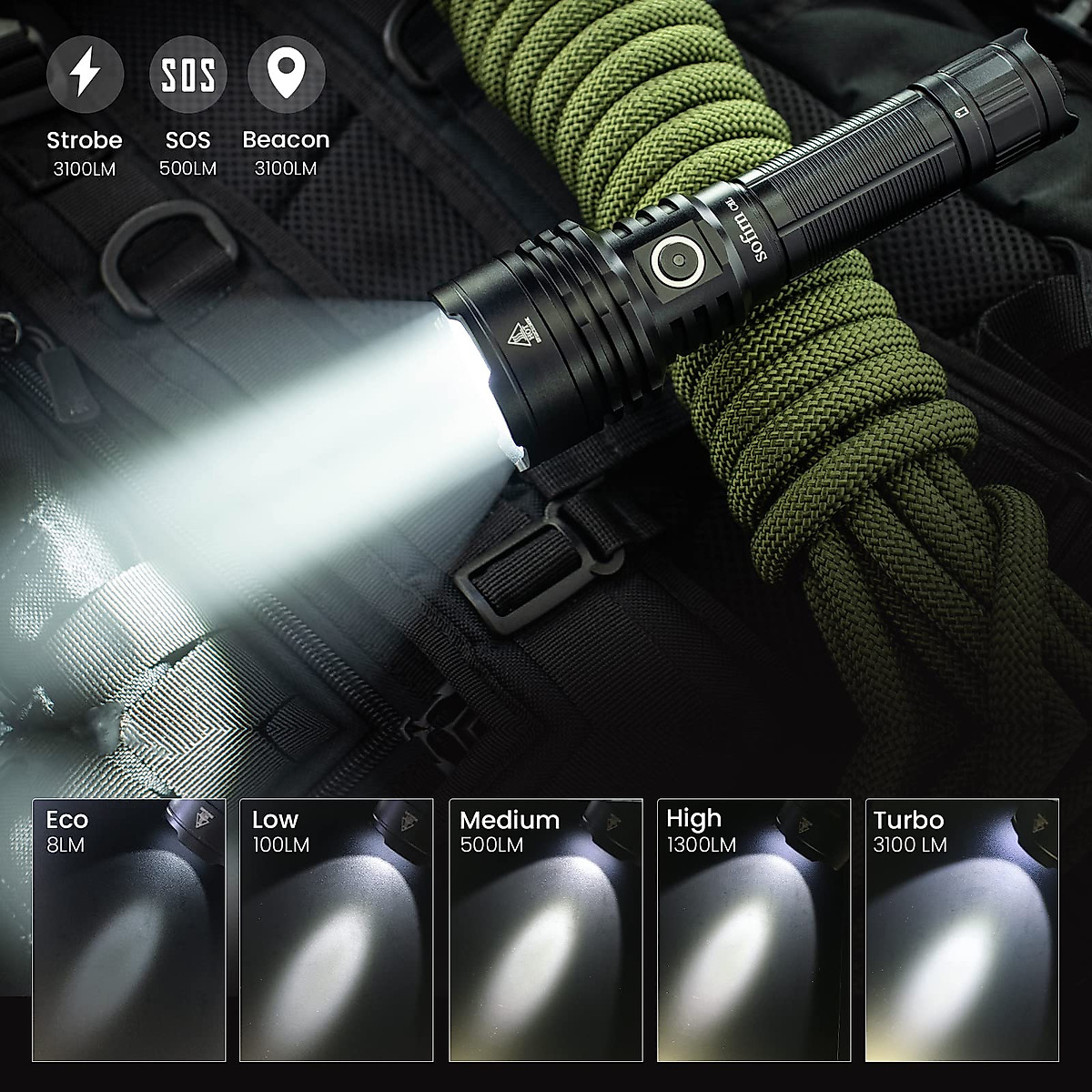 sofirn C8L Rechargeable Flashlight with 3100 Lumens, Tactical Flashlight Up to 531m, IPX8 Waterproof, for Emergency, Heavy Duty, Search and Outdoor Use