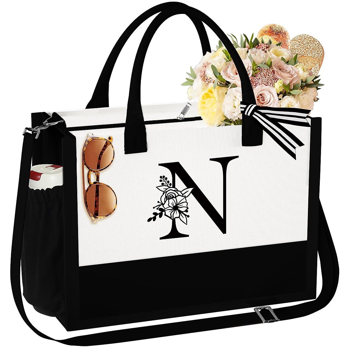 YOOLIFE Gifts for Friends Female - 16oz Canvas Initial N Tote Bag for Women with Pocket Tote Bag Personalized Gifts for Bridesmaids Friends Mom Sister Wedding Birthday Gifts Grocery Bag Gifts Bag