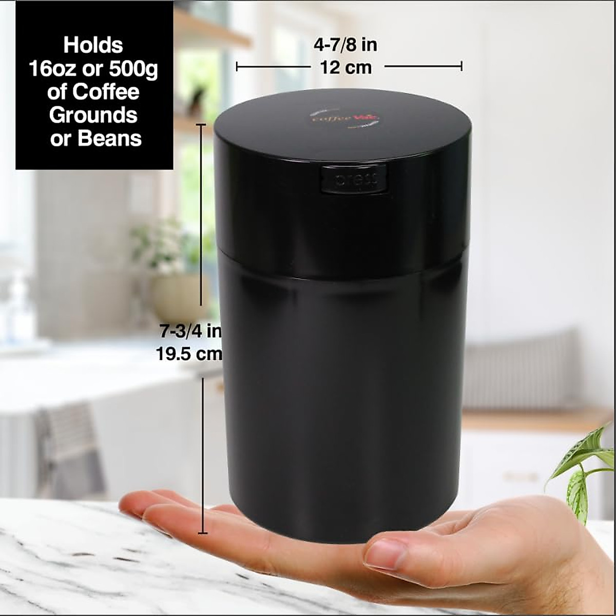 COFFEEVAC 1LB Patented Airtight Multi-use Vacuum Works as Smell Proof Ground Coffee Bean Containers. Black Cap and Body, 1.85-Liter/1.6-Quart