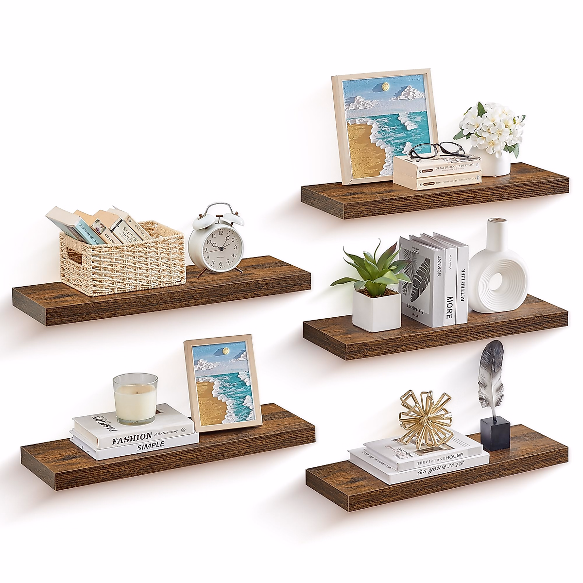 VASAGLE Wall Shelves Set of 5, Floating Shelves, Wall Mounted, 8 x 23.6 x 1.5 Inches, Display Shelves for Picture Frames, Wall Decor, Hanging Shelf for Living Room, Kitchen, Rustic Brown ULWS076B01