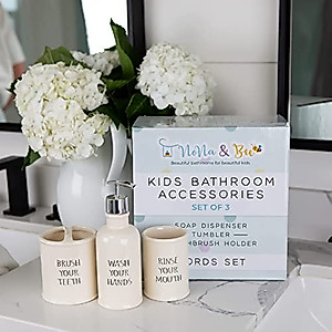 Cute Kids Bathroom Accessories Set | 3 pc Modern Farmhouse White Ceramic Toothbrush Holder, Liquid Hand Soap Dispenser & Rinse Cup | WASH Your Hands, Brush Your Teeth Decor for Child Bath Room