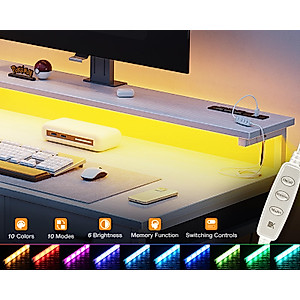 ODK 48 Inch Computer Desk with 3 Drawers and USB Power Outlets, Home Office Desks with LED Lights and Adjustable Monitor Stand, Work from Home, Modern Work/Writing/Study Table for Bedroom, White