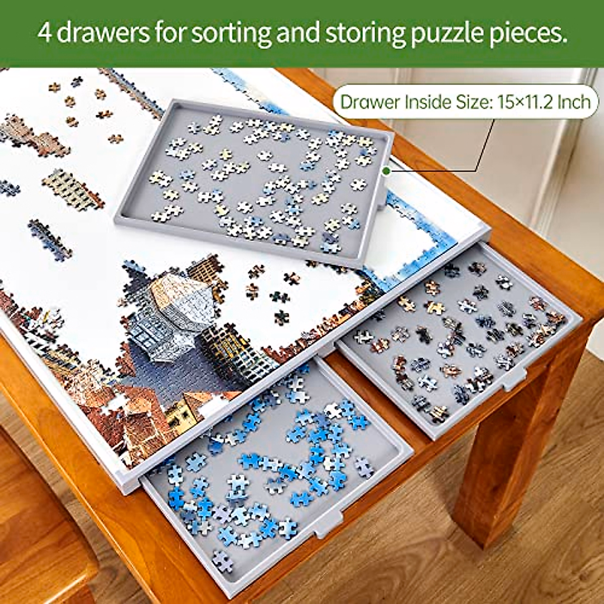 1500 Piece Non-Wood Jigsaw Puzzle Board with Drawers and Felt Fabric Cover Mat, Portable Puzzle Table for Adults, Puzzle Tray, Large Size: 35×26 Inch Work Surface, Lightweight Design, Gray