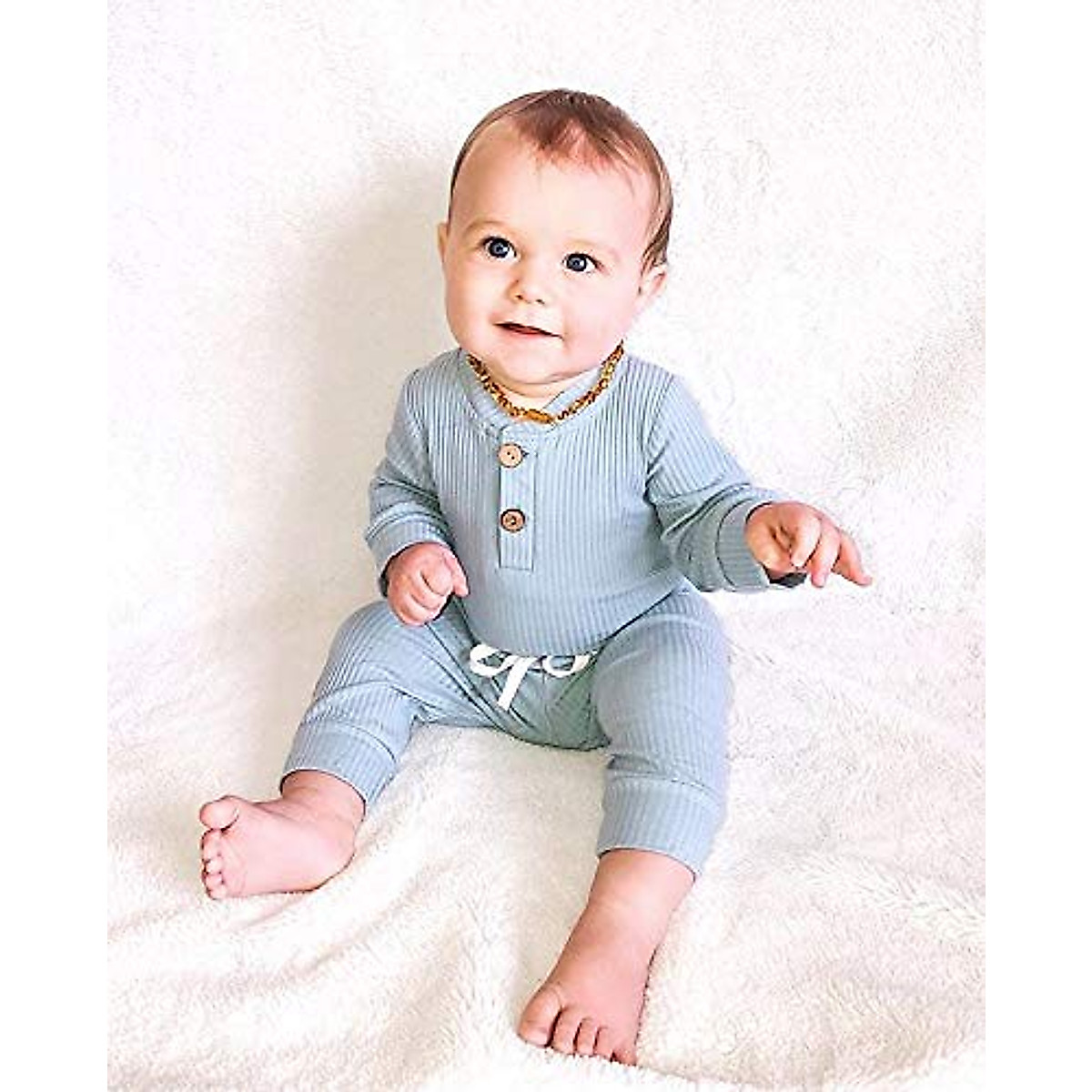 Ledy Champswiin Winter Newborn Baby Boy Girl Clothes Set Ribbed Outfits Unisex Infant Solid Long Sleeve Tops Pants 2PCS