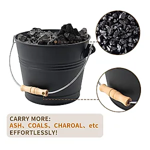 Poofzy Ash Bucket with Lid and Shovel, 1.3 Gallon Fireplace Bucket for Ashes, includes Hand Broom and Gloves for Fire Pit, Wood Burning Stove and Grill