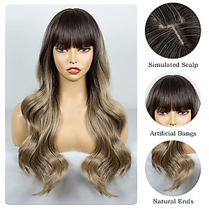 BOGSEA Wig with Bangs Ombre Dark Blonde Long Wavy Wigs for Women Synthetic Heat Resistant Wigs for Daily Party (Dark Ashy Blonde Ombre)