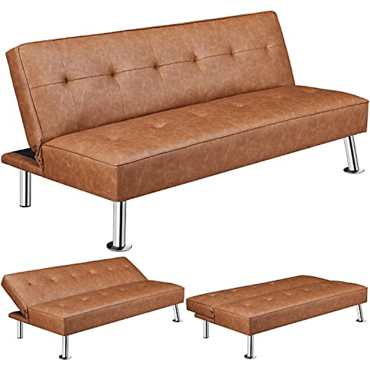 Yaheetech Convertible Sofa Couch Futon Bed Faux Leather Sofa Bed Sleeper Adjustable Loveseat Futon Couch Living Room Furniture with Chrome Metal Legs, Brown