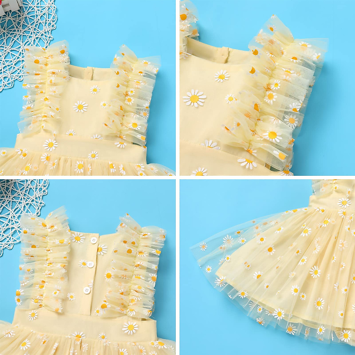 Newborn Infant Baby Girl Ruffle Tutu Romper Dress 1st 2nd Birthday Party Cake Smash Outfit Toddler Summer Flutter Sleeveless Floral Princess Tulle One-picece Baptism Pageant Dress Yellow Daisy 18-24M