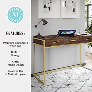 Martha Stewart Ollie Home Office Desk with 3 Drawers in Walnut Wood Grain with Polished Brass Hardware